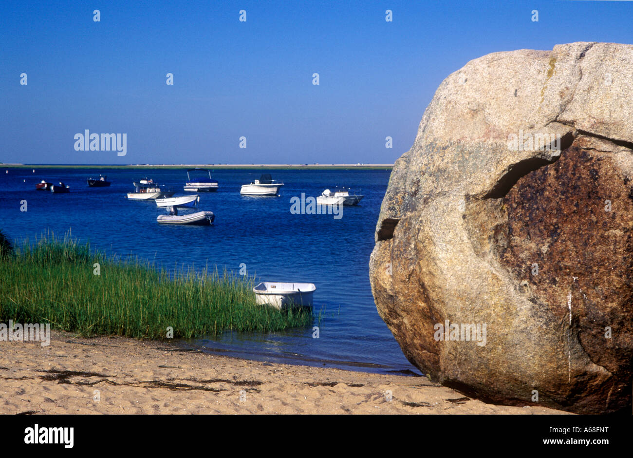 Boats anchored in Nauset Harbor Robert's Cove East Orleans Stock Photo ...