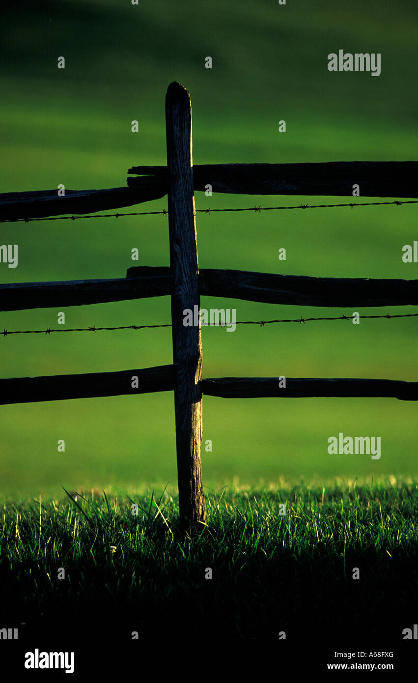 Wooden fence post and lush green pasture Stock Photo - Alamy