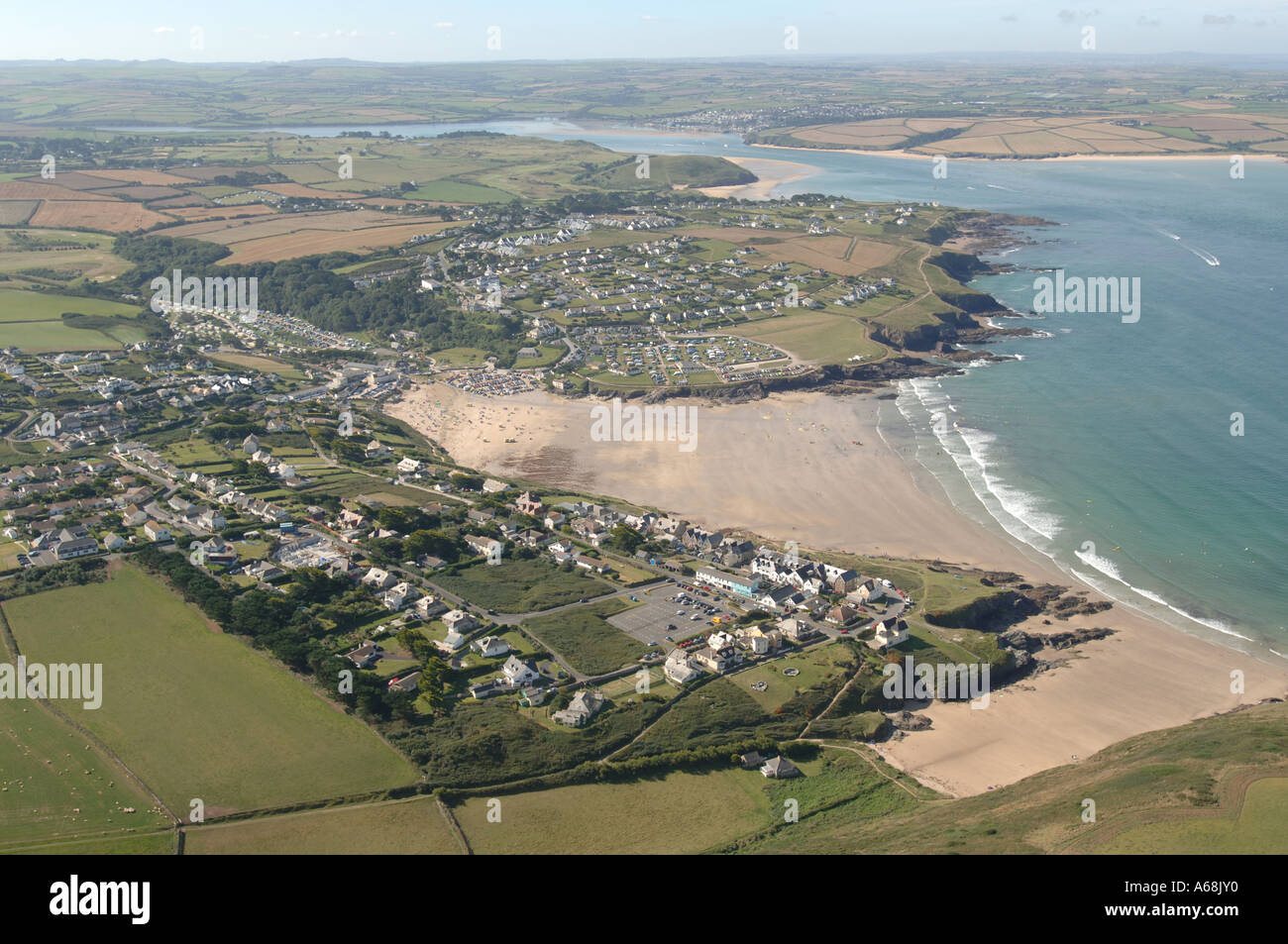 polzeath surfing beach north cornwall aerial Stock Photo - Alamy