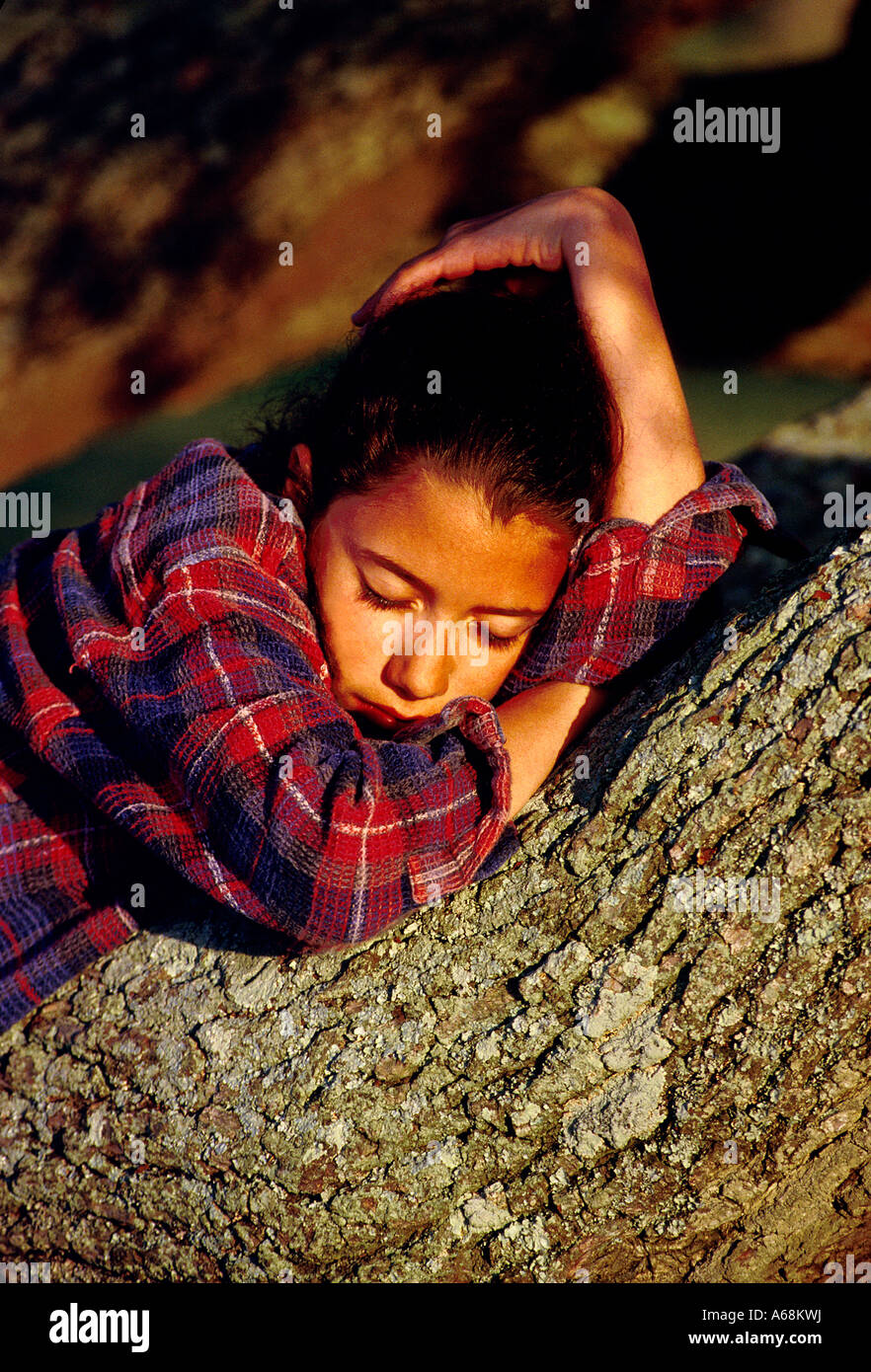 Young girl resting on the limb of a large tree Stock Photo - Alamy