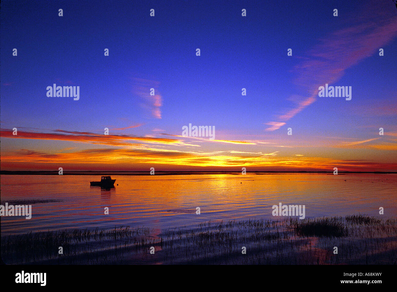 Silhouette of a lobster boat in harbor Nauset Harbor East Orleans Cape ...