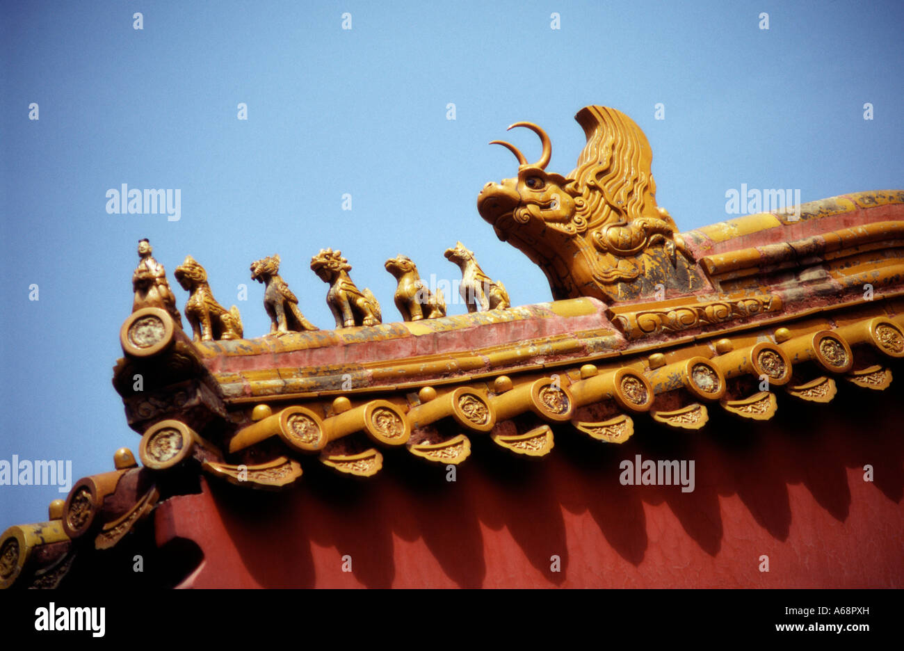 Detail of statuettes (Hangshi) on the rooftree. Forbidden City. Beijing ...