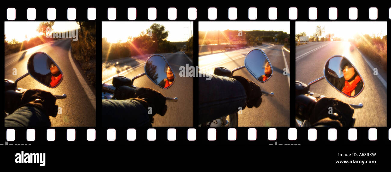 Composition of multiple images of a motorcyclist seen from behind with ...