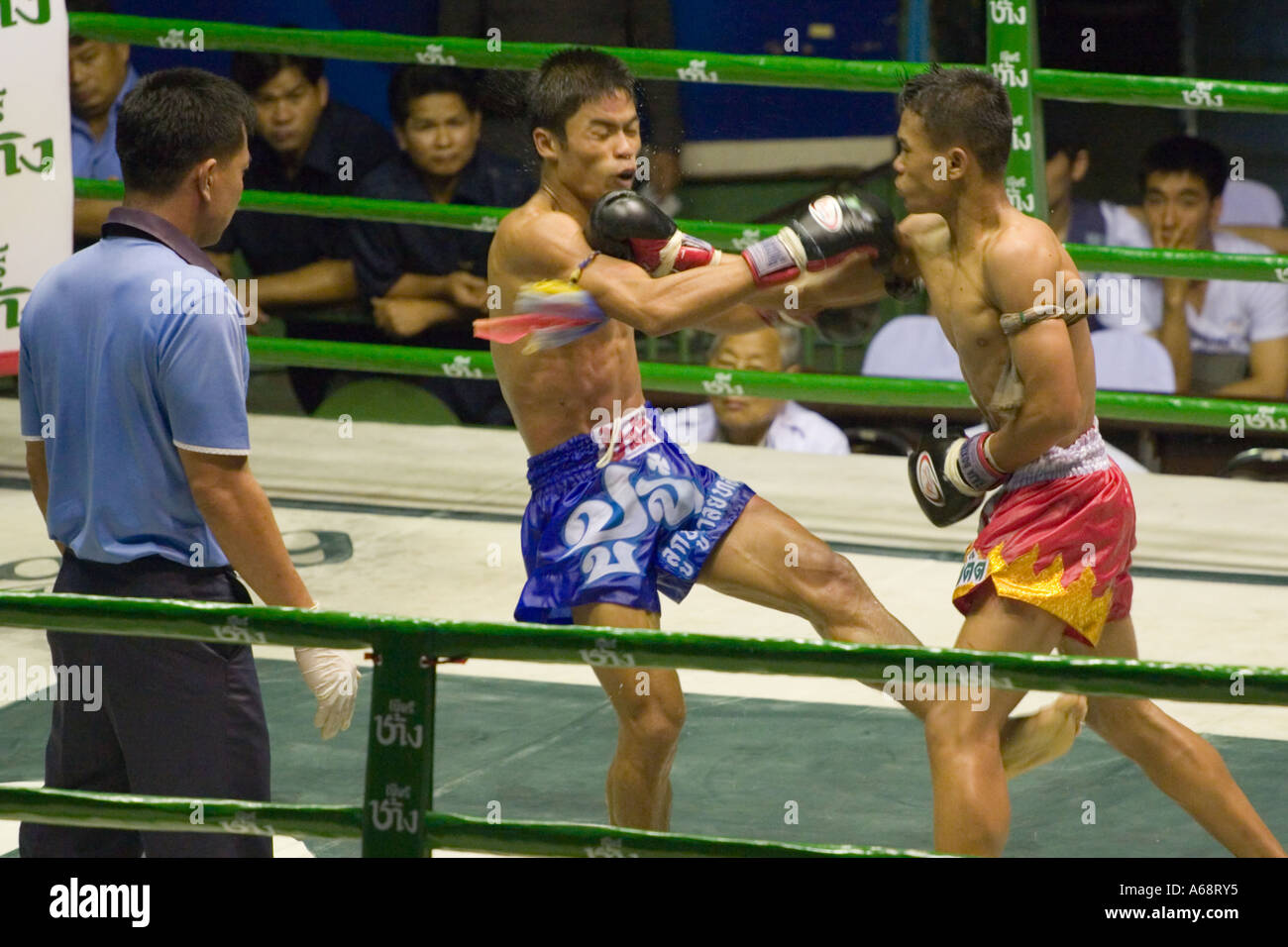 Punch to neck at moment of impact during a Muay Thai fight (Rajadamnern ...