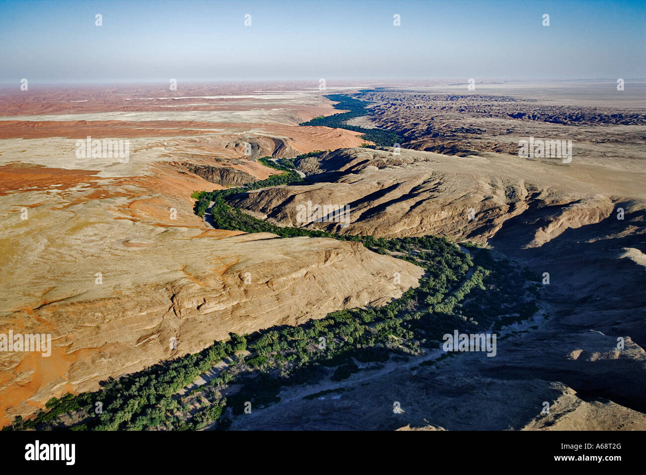 Aerial view of greenery along the Kuiseb River in the Namib desert ...