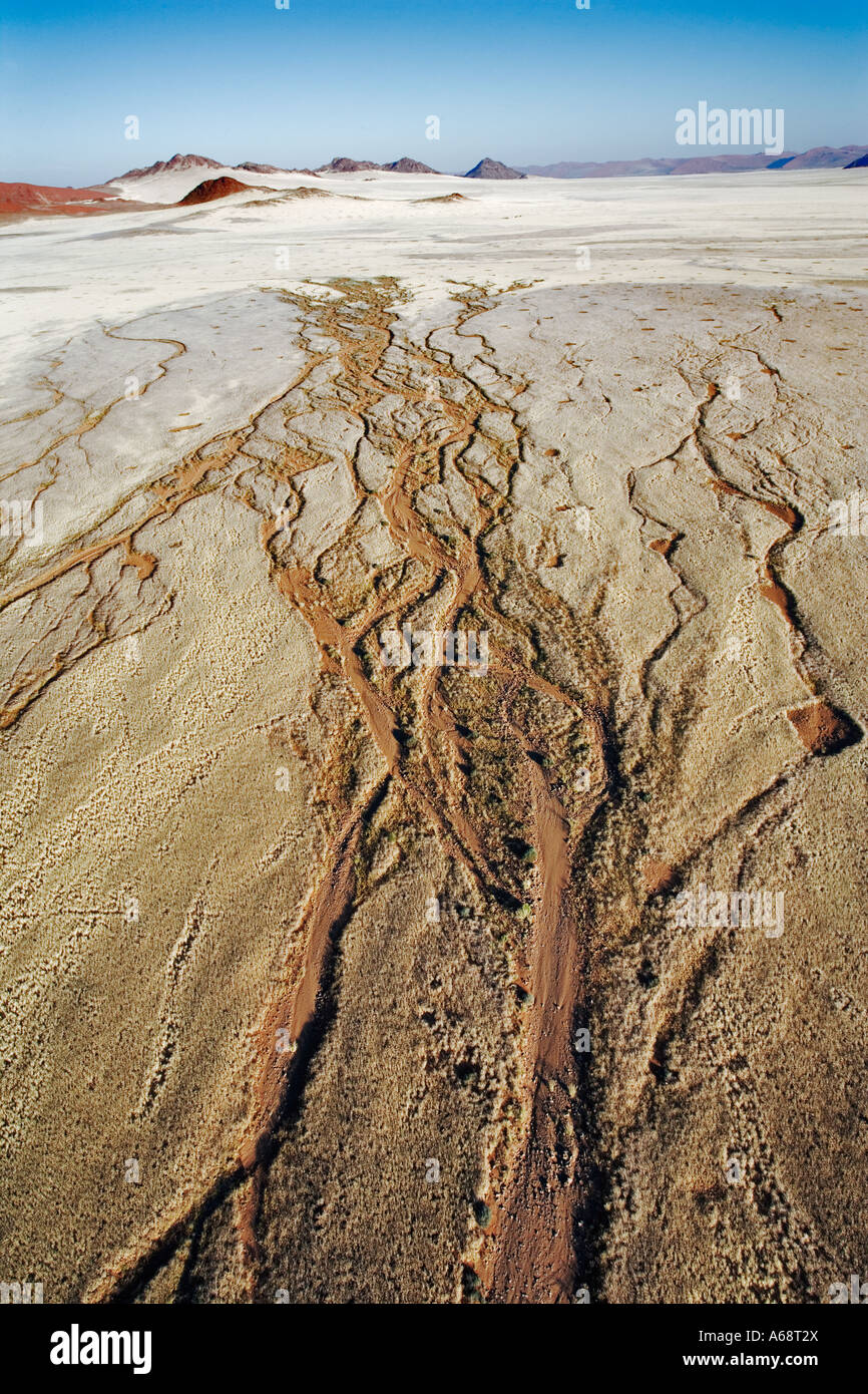 Aerial view of dry river bed over Namib desert Namib Naukluft Park ...