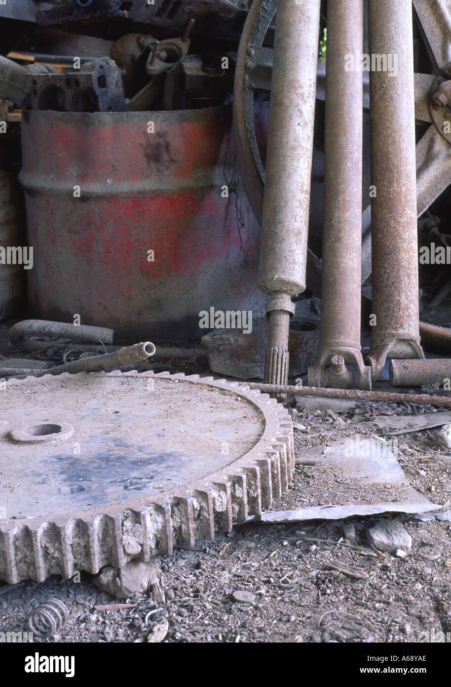 Driveshafts and a large flywheel await reuse in a Venezuelan equipment ...