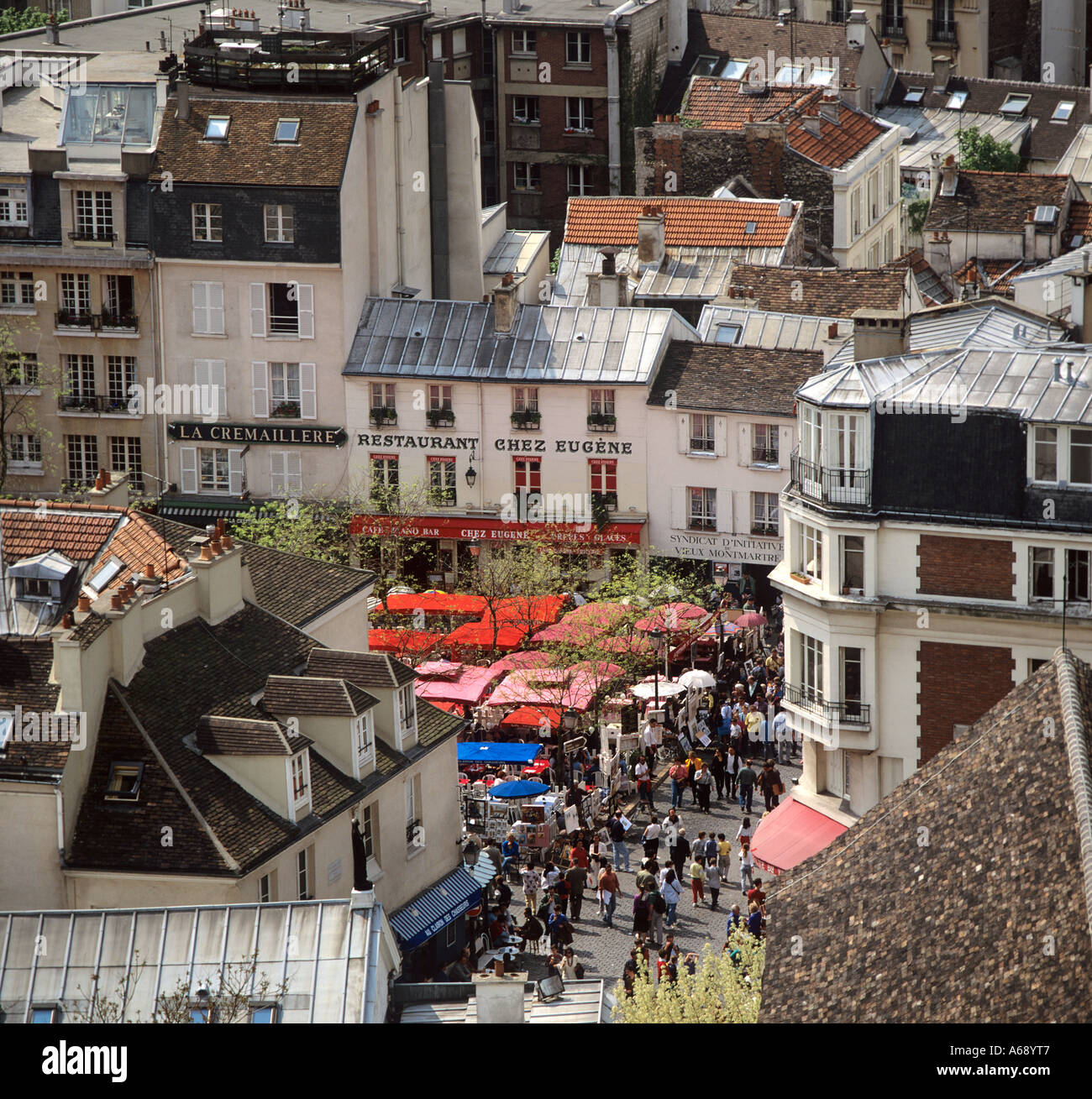 View from SacreCoeur to street cafe and painters square at Montmartre ...