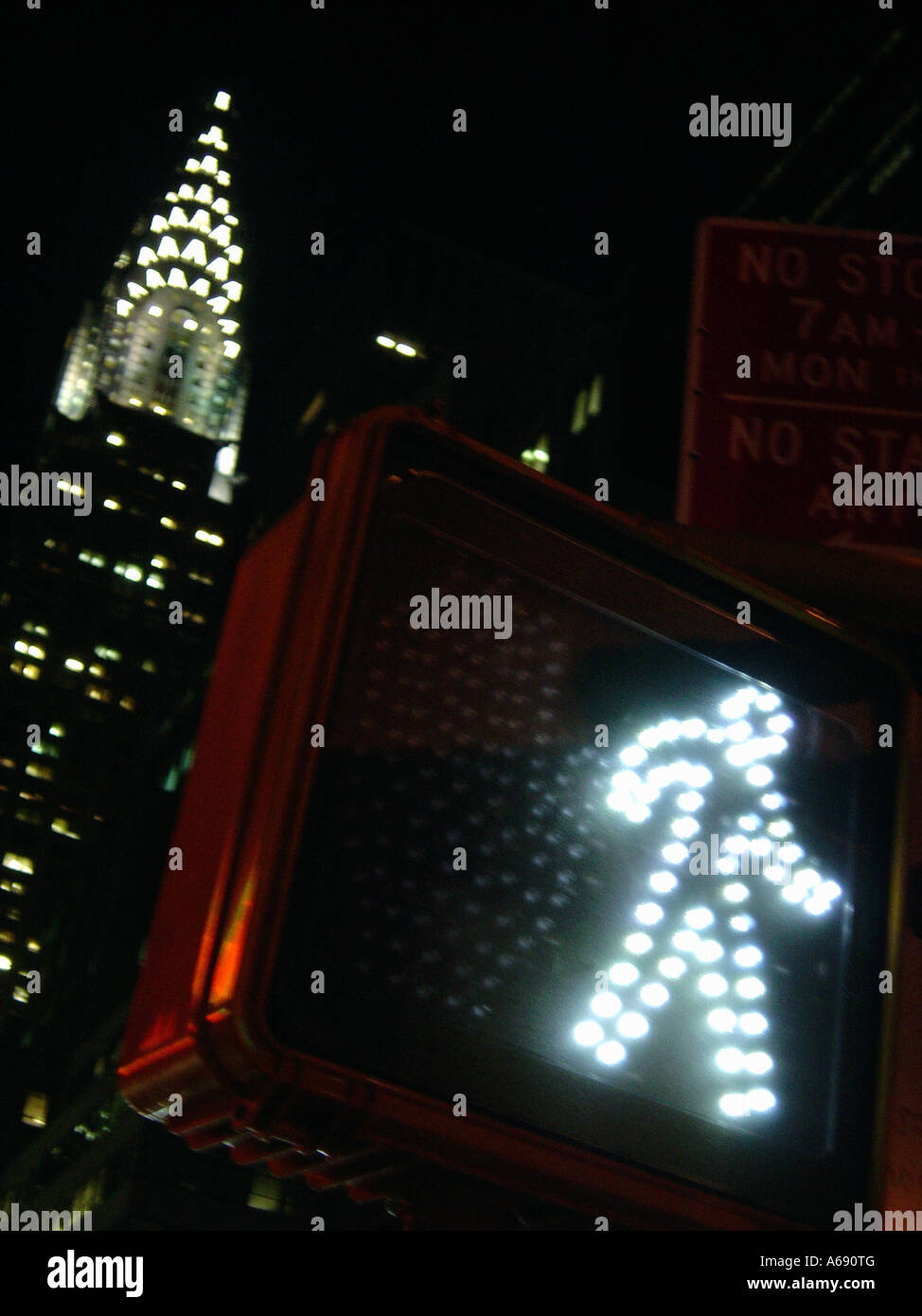 Urban Scene of Walk Crosswalk Sign and Chrysler Building at Night New ...