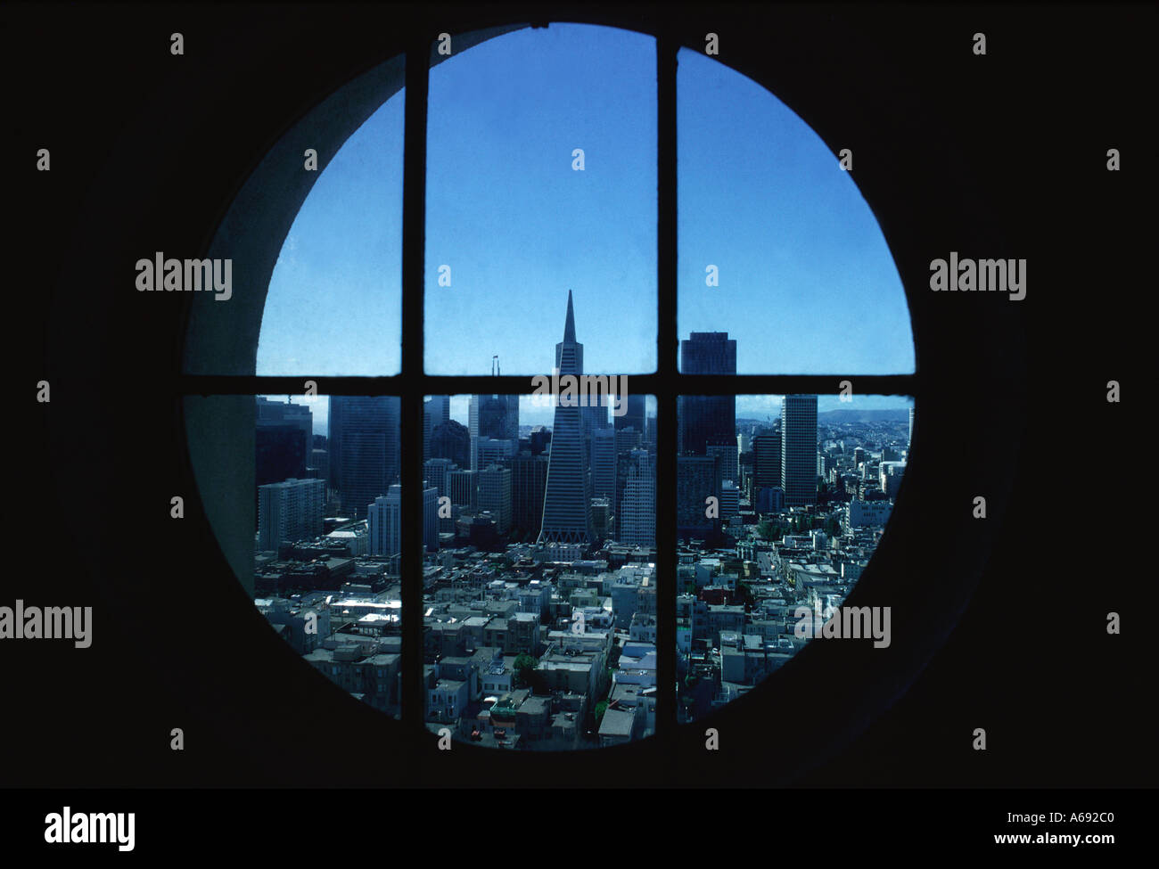 San Francisco seen from a window on the staircase inside the Coit Tower ...