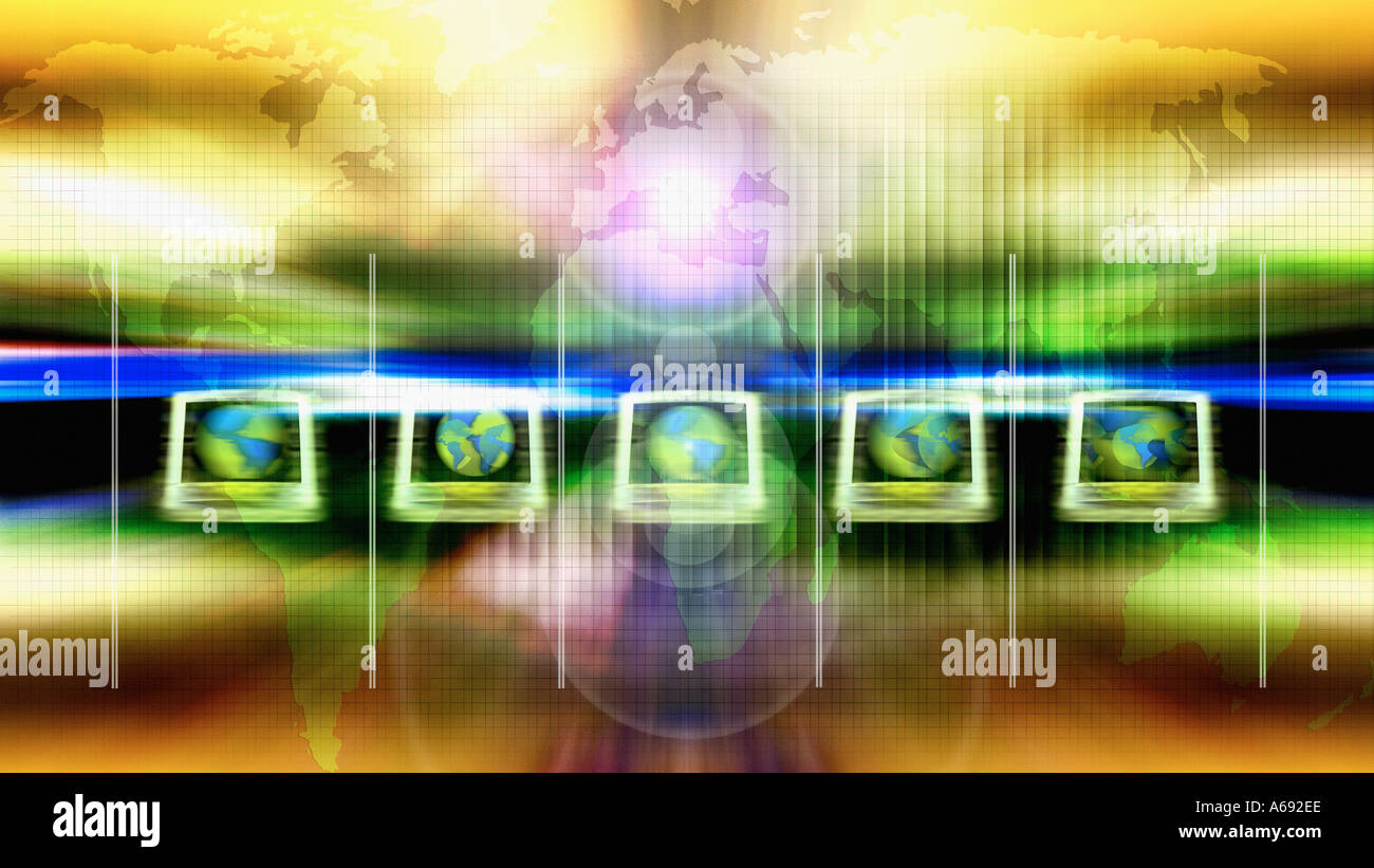 Computer Monitors with World Map Stock Photo - Alamy