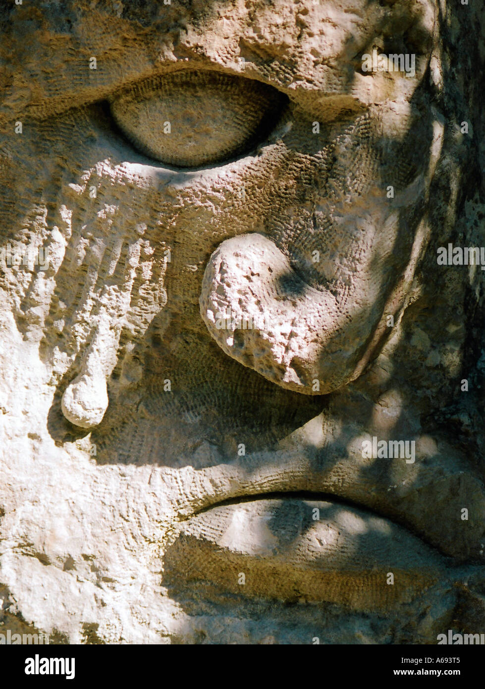 Carved stone face with sad expression, "close up" detail, "Tout Quarry ...