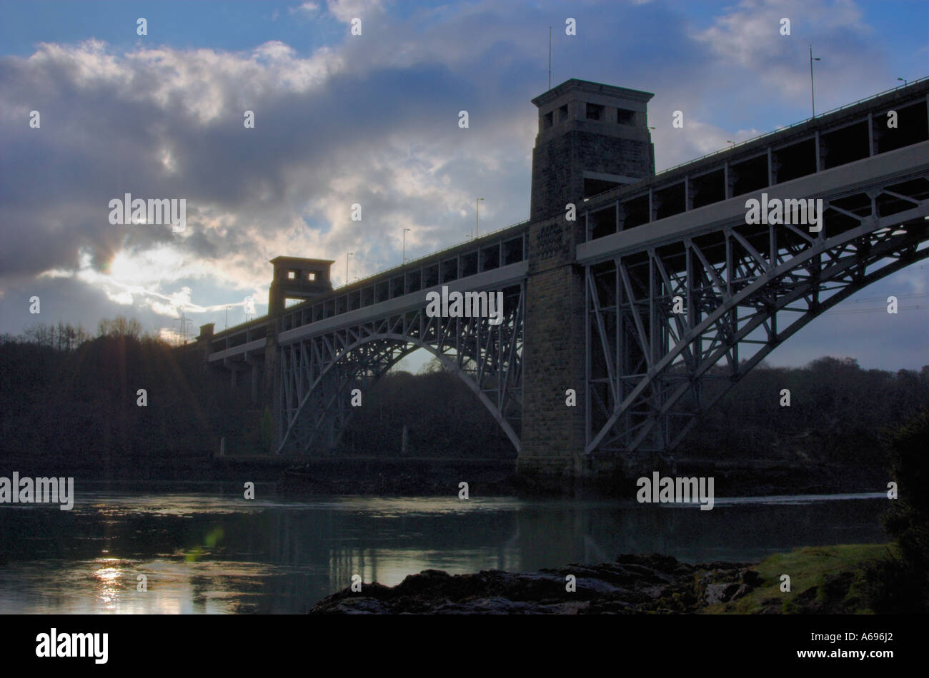 The Britannia Bridge spanning the Menai Strait between Anglesey and the ...