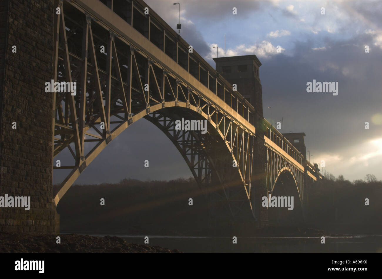 The Britannia Bridge spanning the Menai Strait between Anglesey and the ...