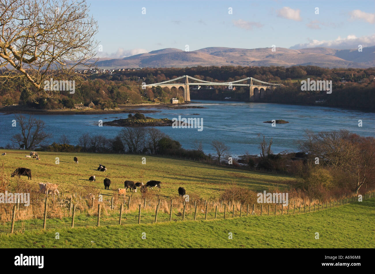 The Menai Bridge spanning the Menai Strait between Anglesey and the ...