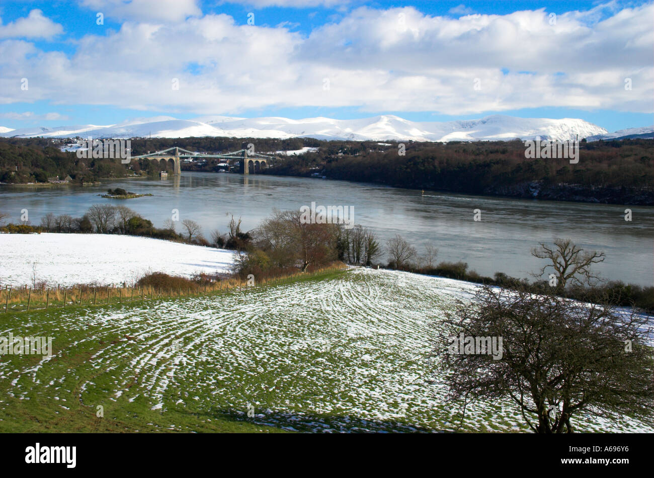 The Menai Bridge spanning the Menai Strait between Anglesey and the ...