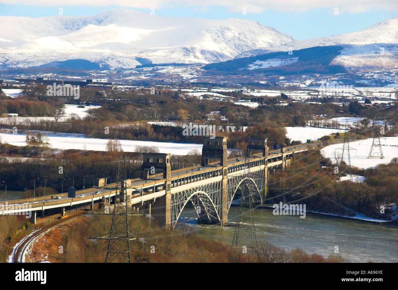 The Britannia Bridge spanning the Menai Strait between Anglesey and the ...