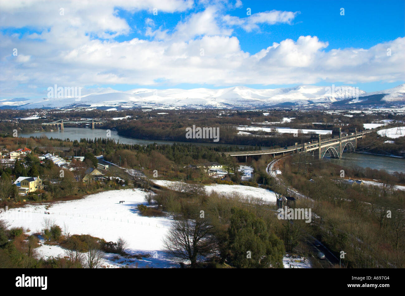 The Britannia Bridge and Menai Bridge between Anglesey and the North ...