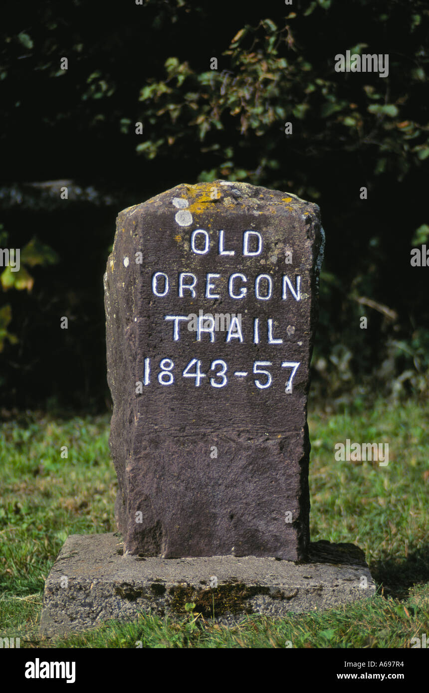 Old Oregon Trail marker stone at Emigrant Springs State Park in the ...