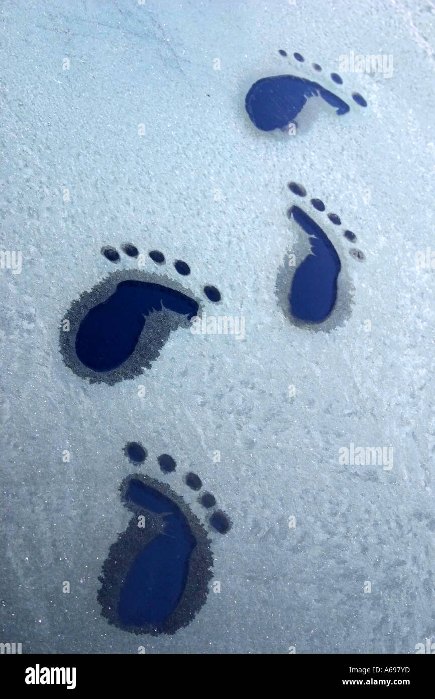 Funny foot prints in ice Stock Photo - Alamy