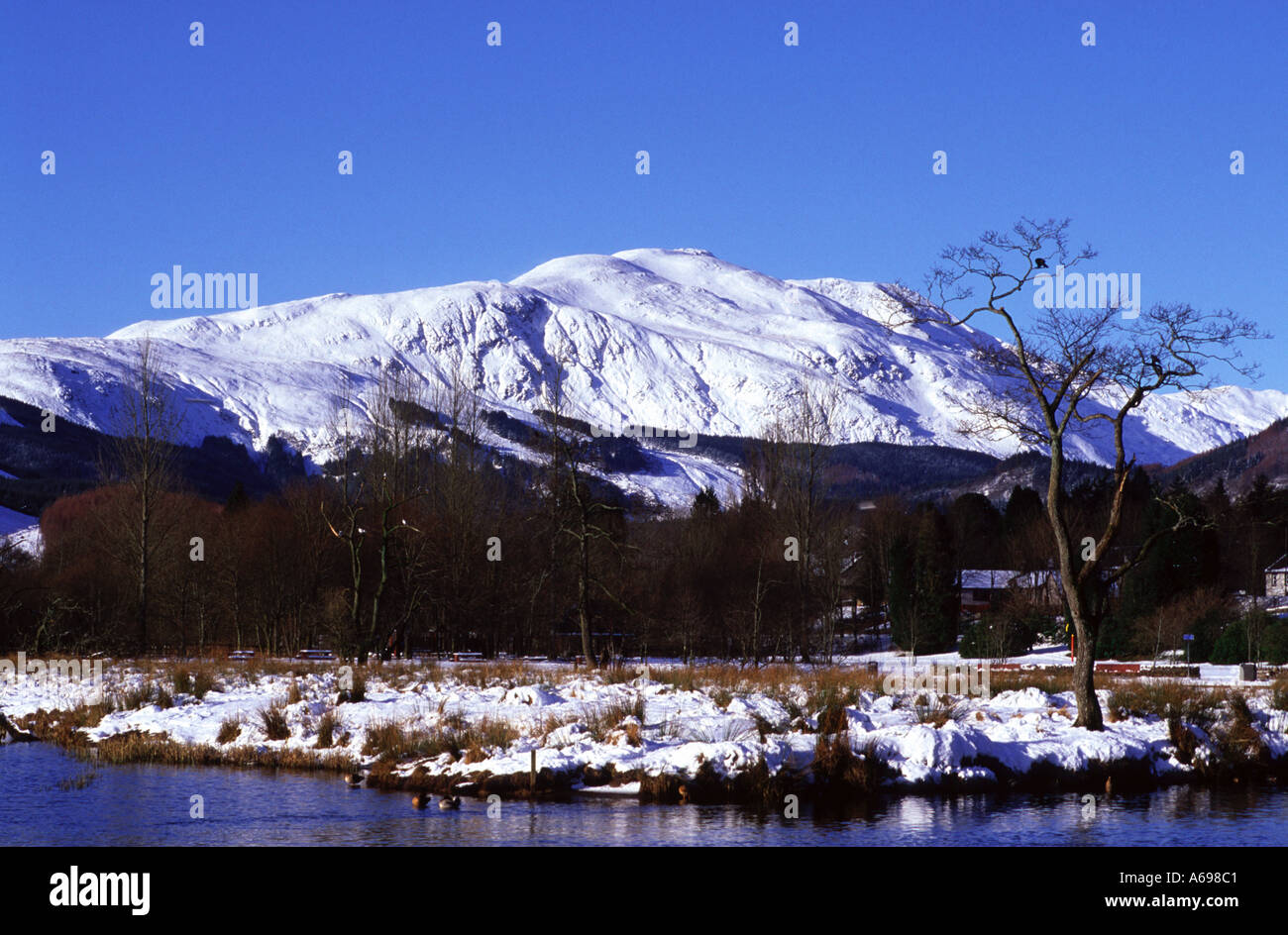 Ben Ledi in background with snow covering viewed from Callander ...
