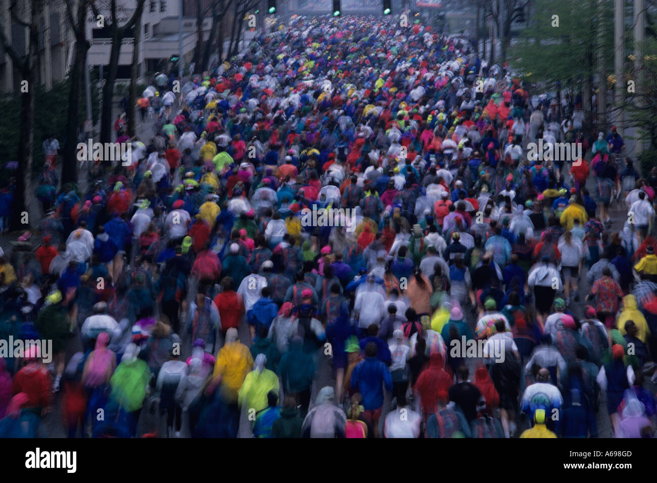 Retro image of Marathon race downtown Seattle with runners packed ...