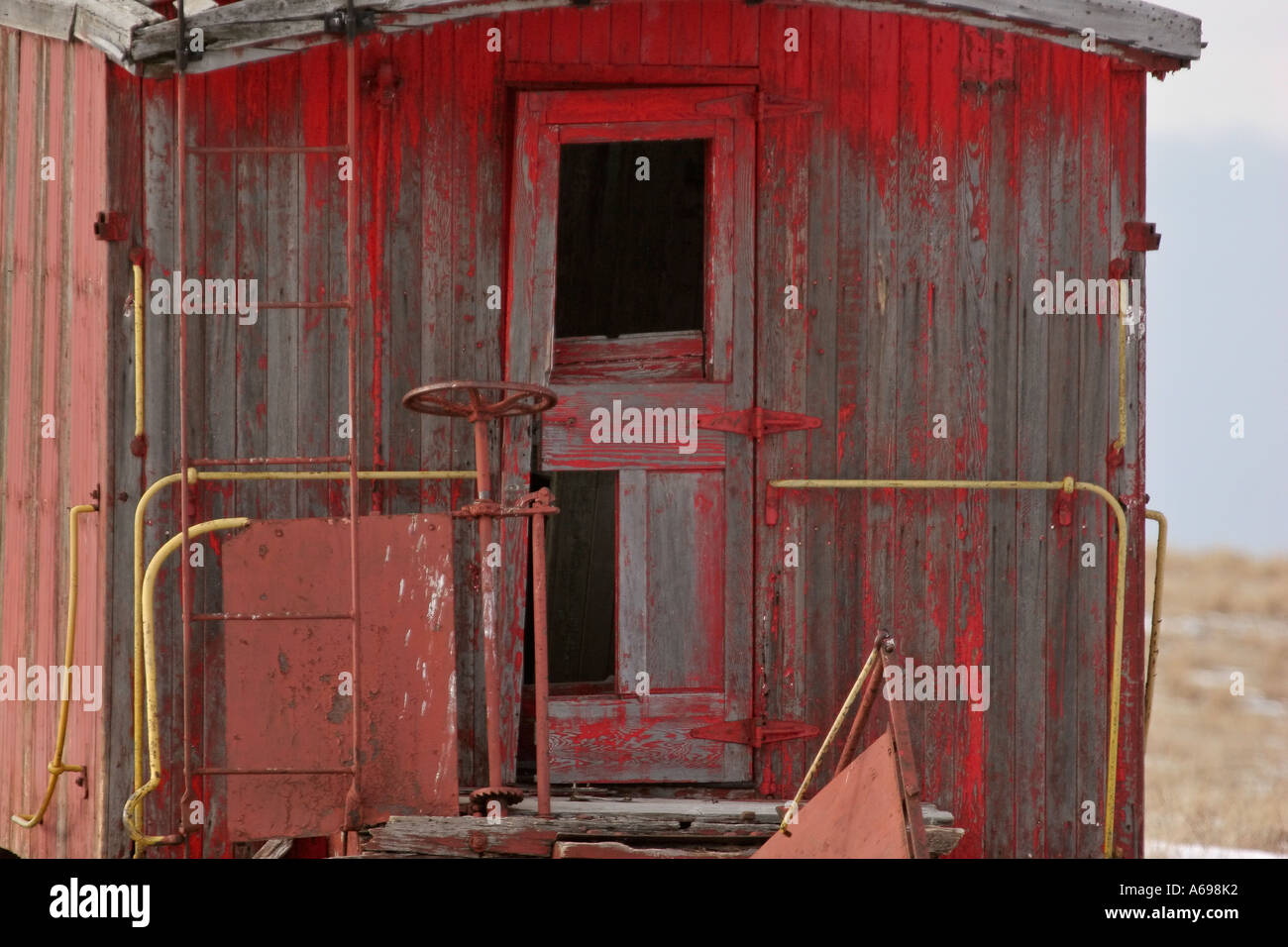 Old train caboose in community pasture in scenic Saskatchewan Canada ...