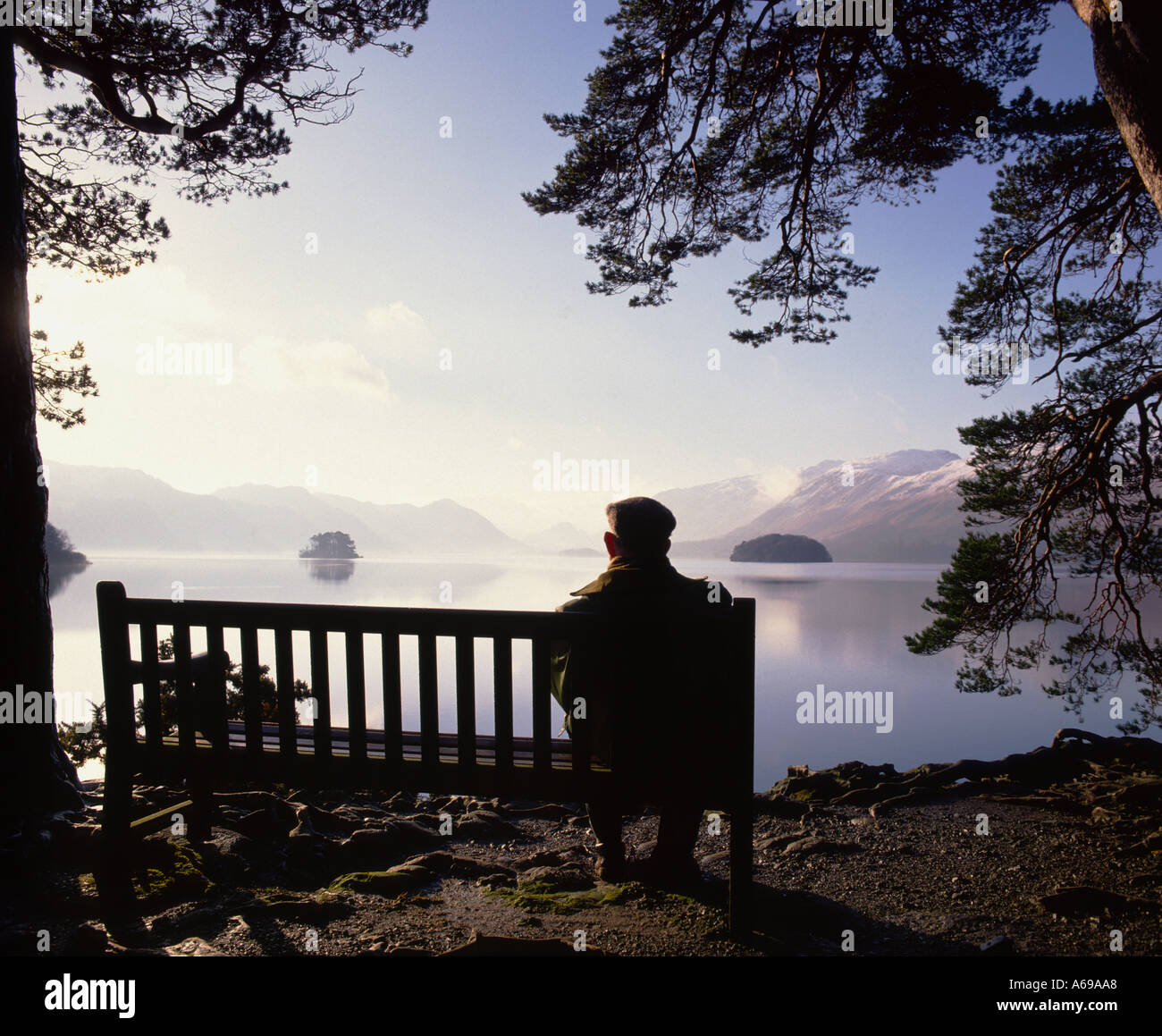 Man sitting on bench Derwent Water Lake District National Park Cumbria ...