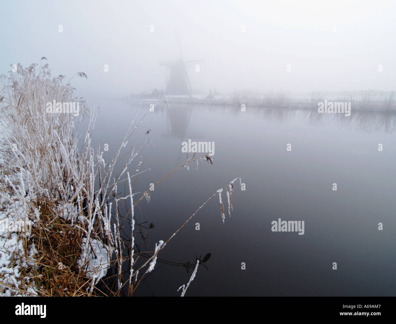 Dutch winter landscape with water reeds and windmill silhouette ...