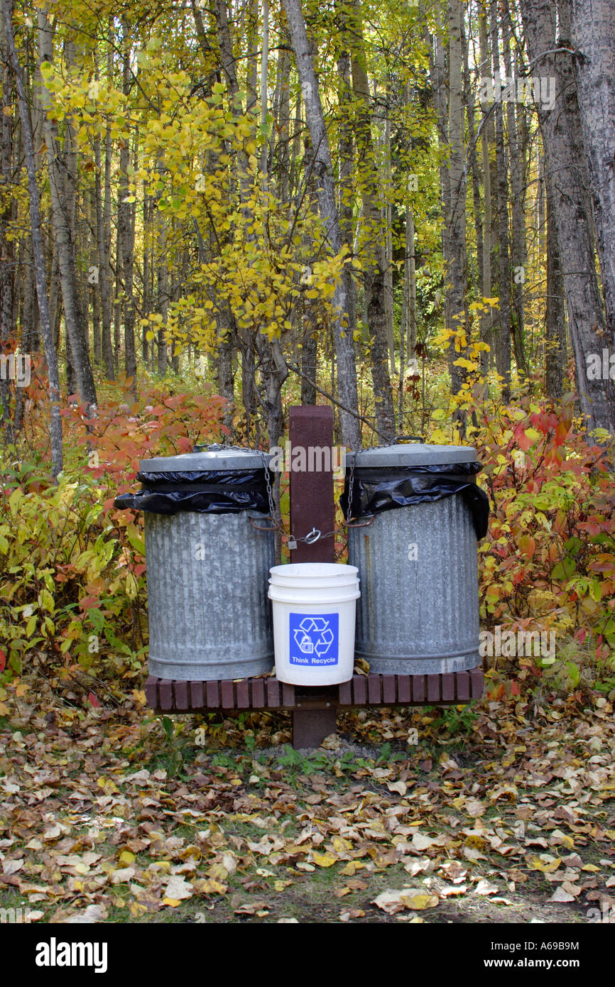 Garbage cans and recycle containers at campground Stock Photo - Alamy