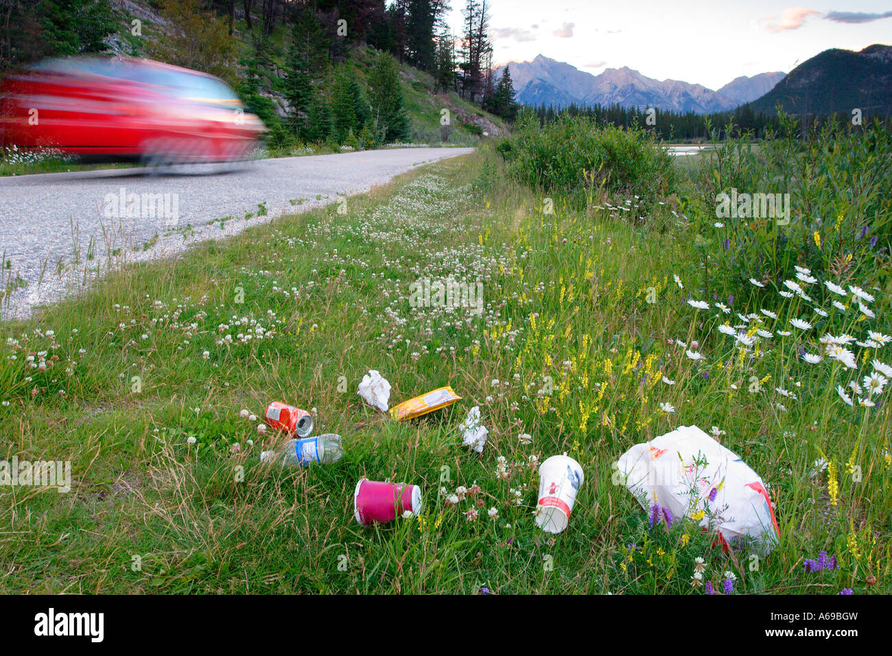 Litter in ditch by road Stock Photo - Alamy