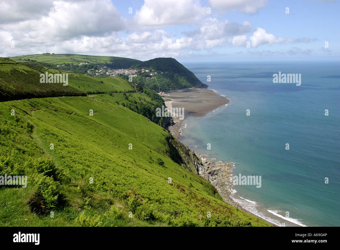 UK Devon coastline from Countisbury Hill towards Lynton and Lynmouth ...