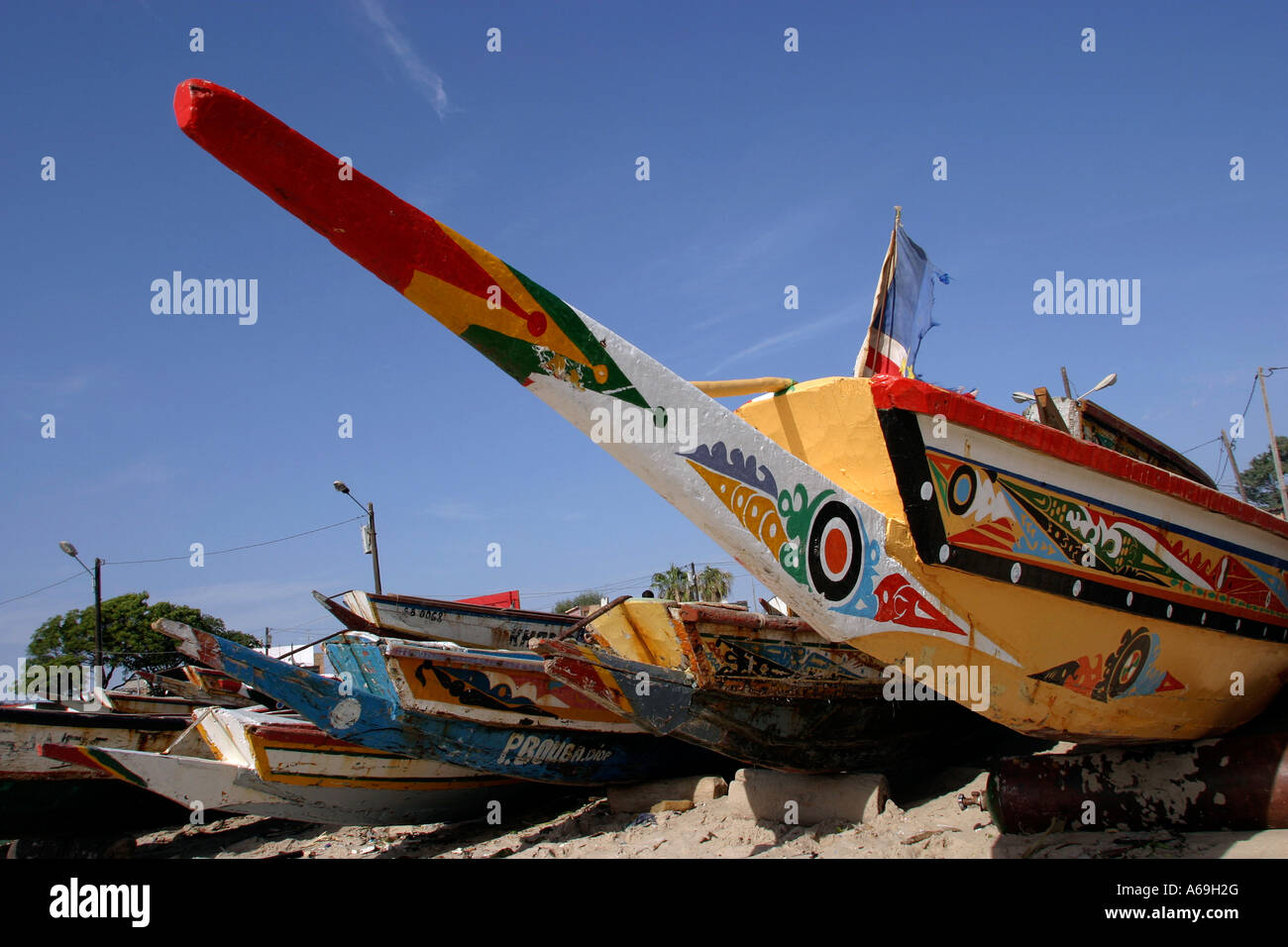 Senegal Dakar Soumbedioune prows of pirogue fishing boats Stock Photo ...