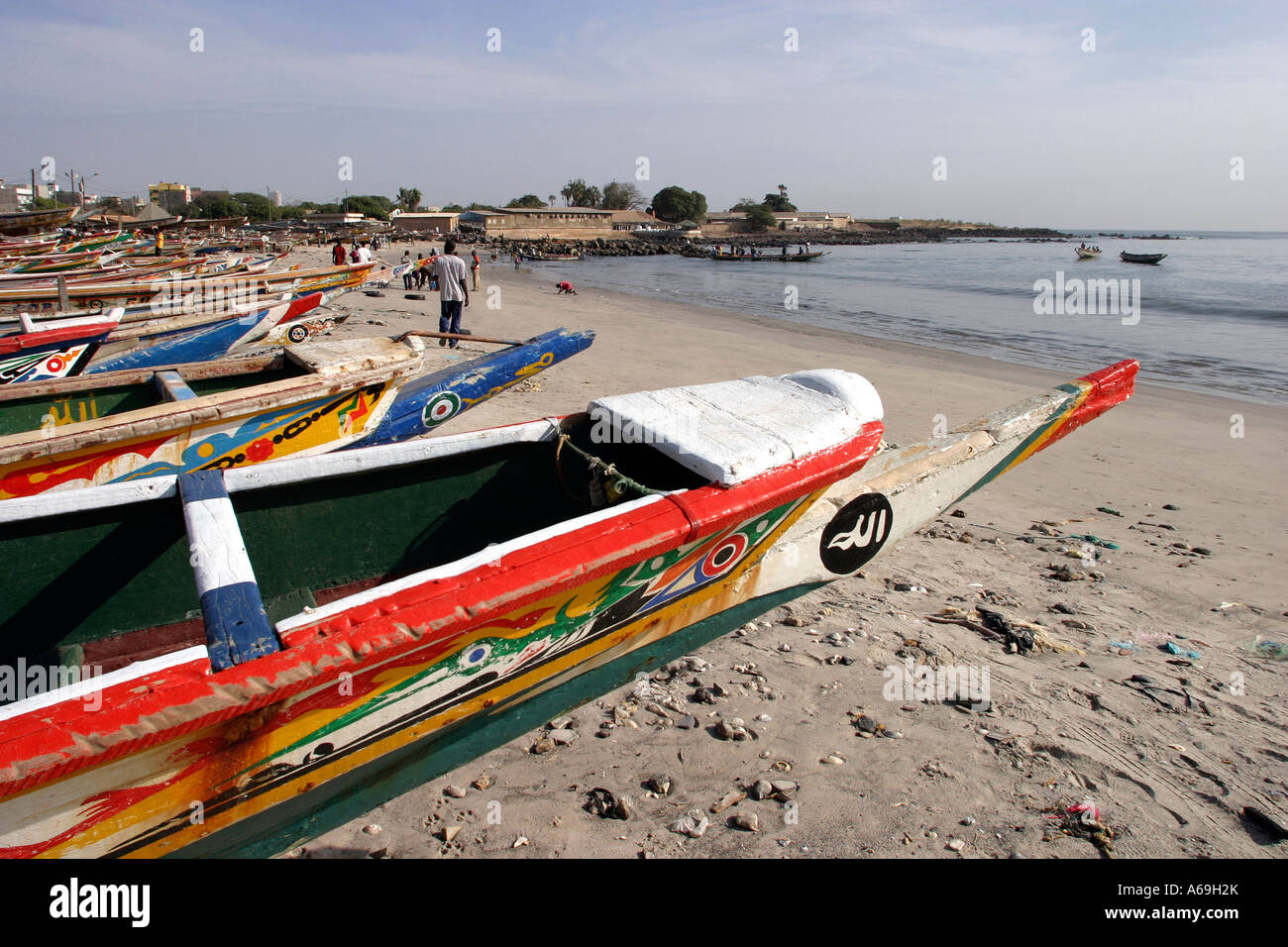 Senegal Dakar Soumbedioune fishing pirogues fishing boats on the beach ...