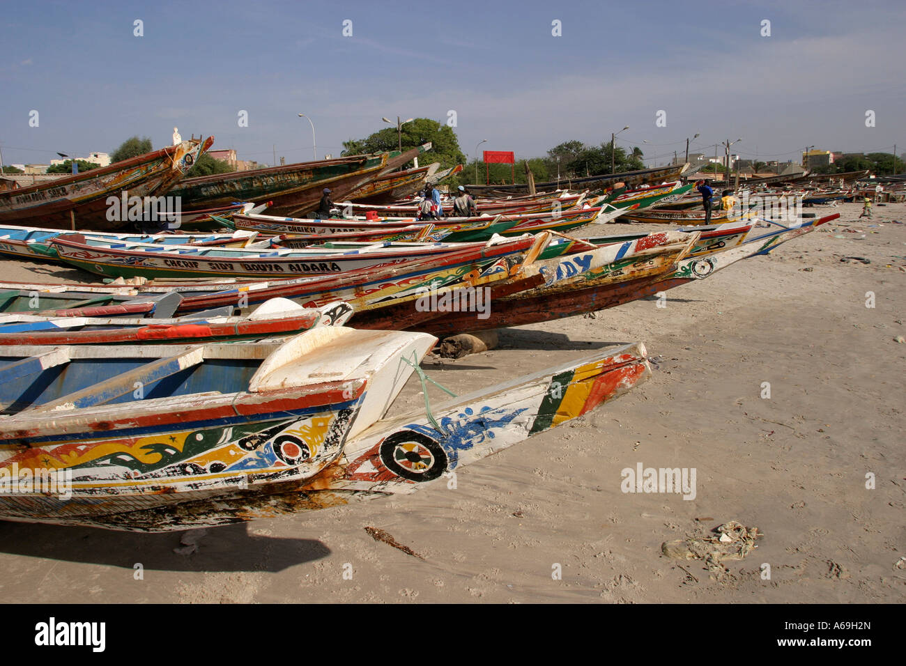 Senegal Dakar Soumbedioune fishing pirogues boats on the beach Stock ...