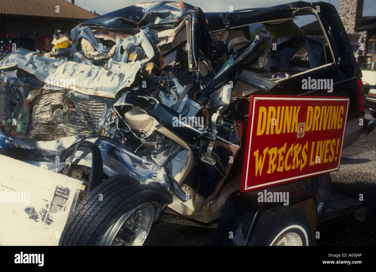 Wrecked SUV on display as a deterrent to drunk driving Stock Photo - Alamy