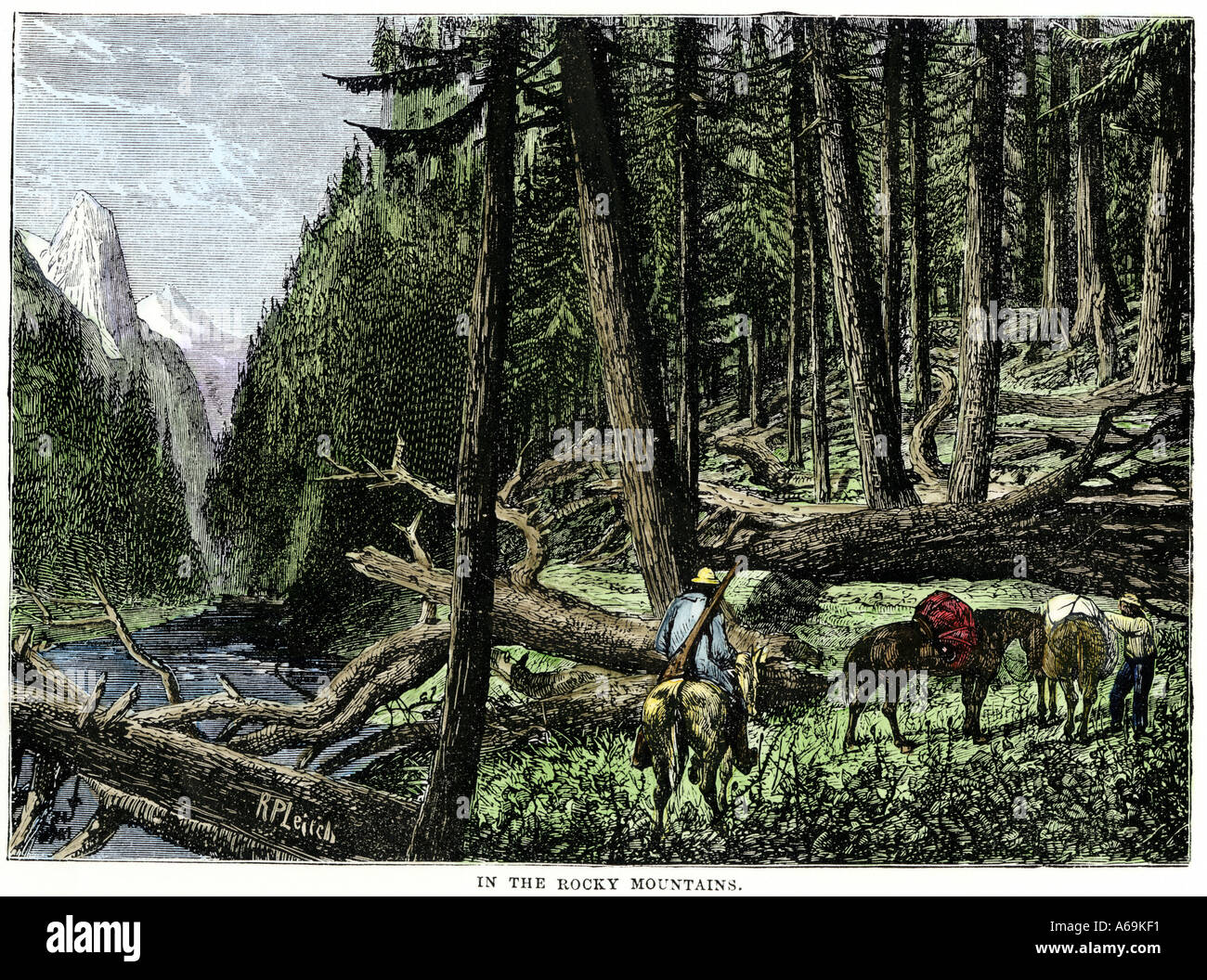 Pack train of fur traders in the Rocky Mountains 1800s. Hand-colored ...