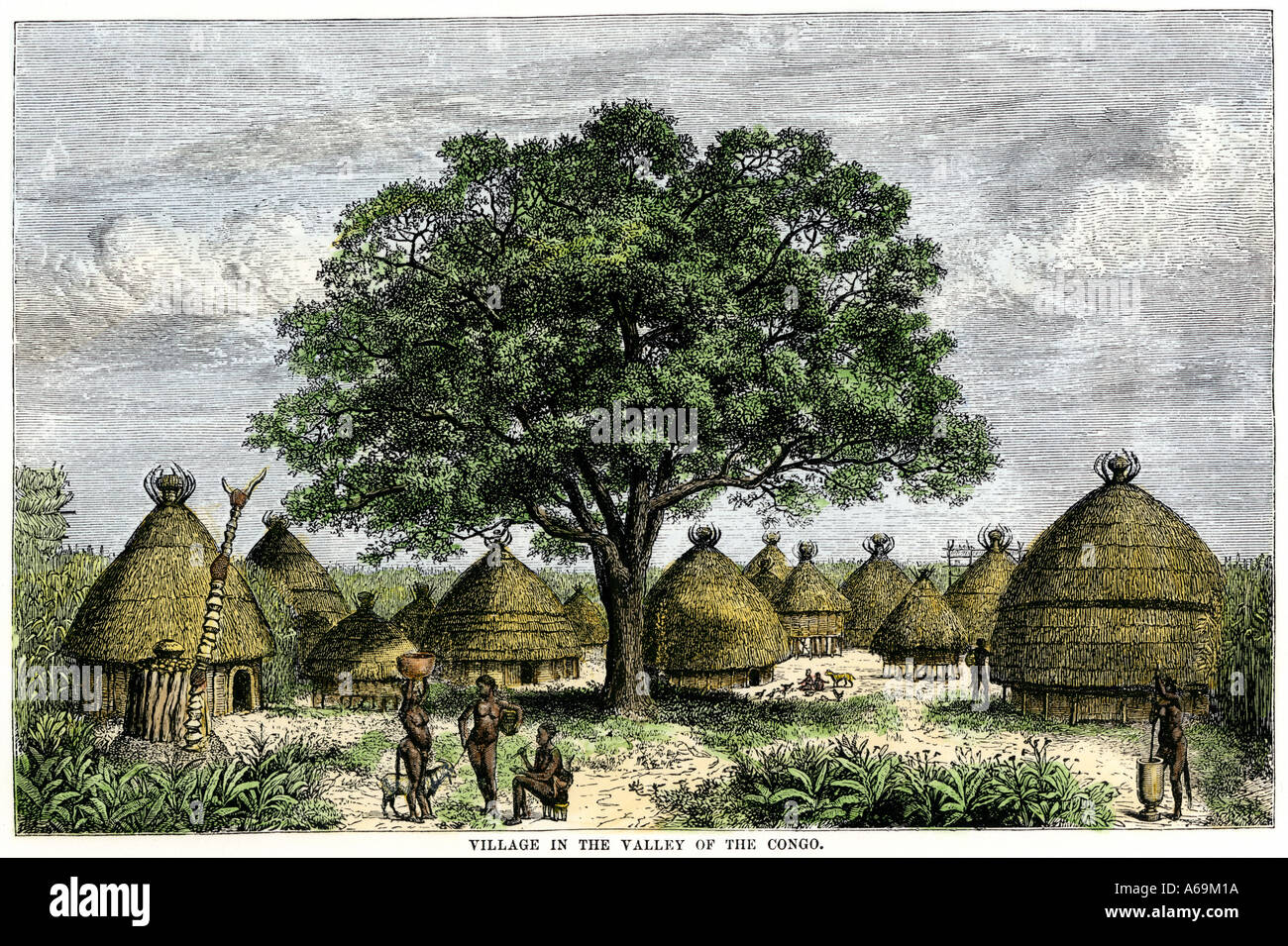 Village in the valley of the Congo River Africa 1800s. Hand-colored ...