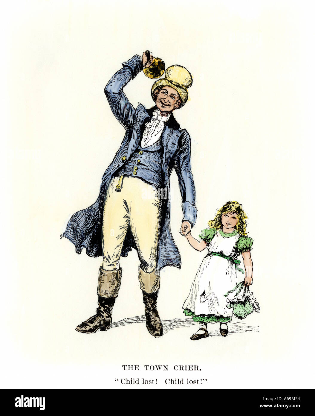 Town crier announcing a lost child by ringing an alarm bell 1700s. Hand ...
