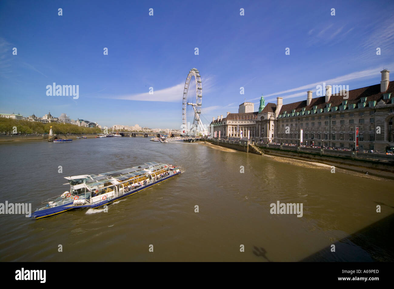 London Thames view GLC County Hall pleasure boat Stock Photo - Alamy