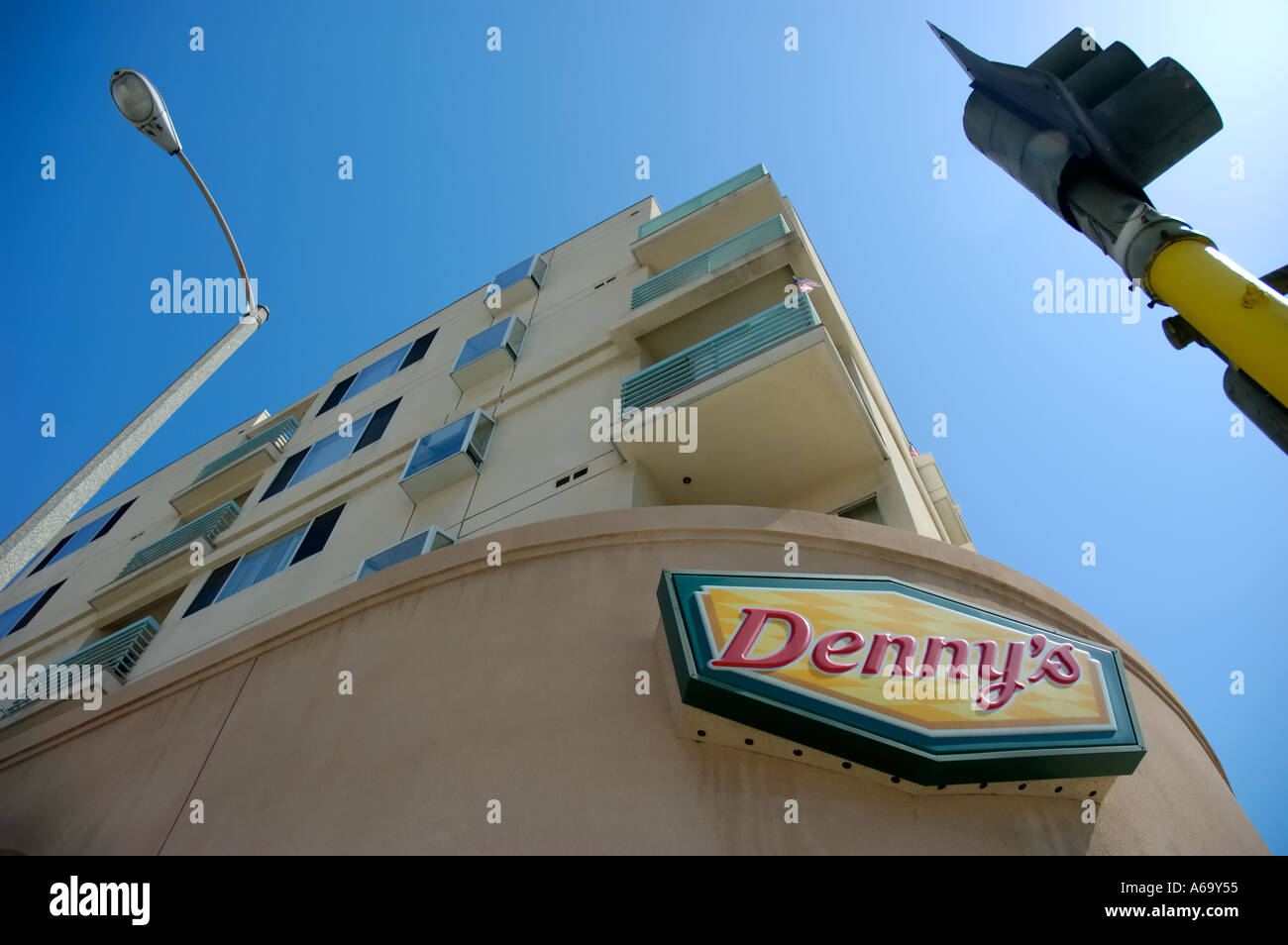 Front of Denny s restaurant showing sign from an unusual angle ...