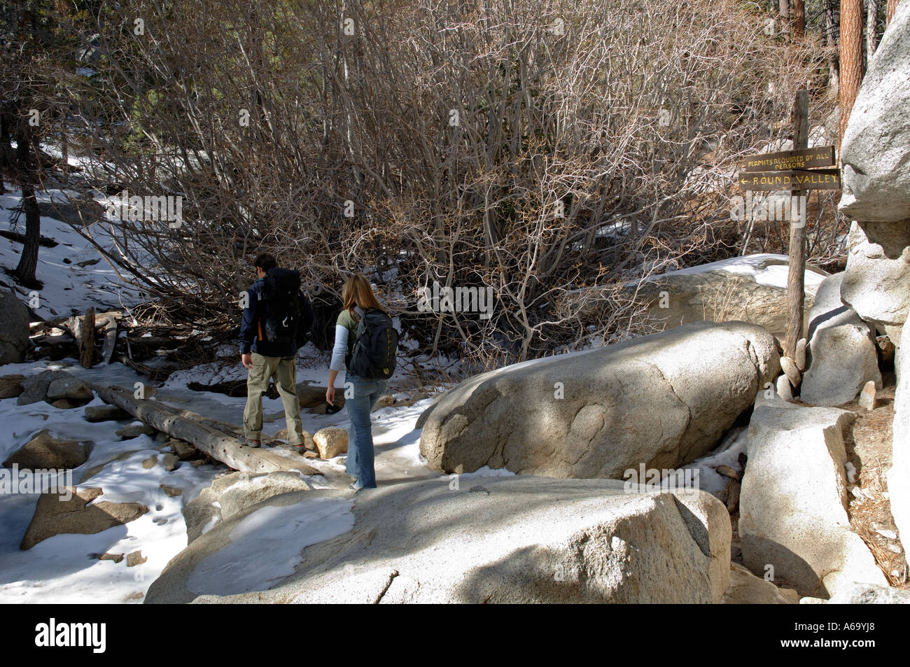 Couple crossing stream on log Stock Photo - Alamy