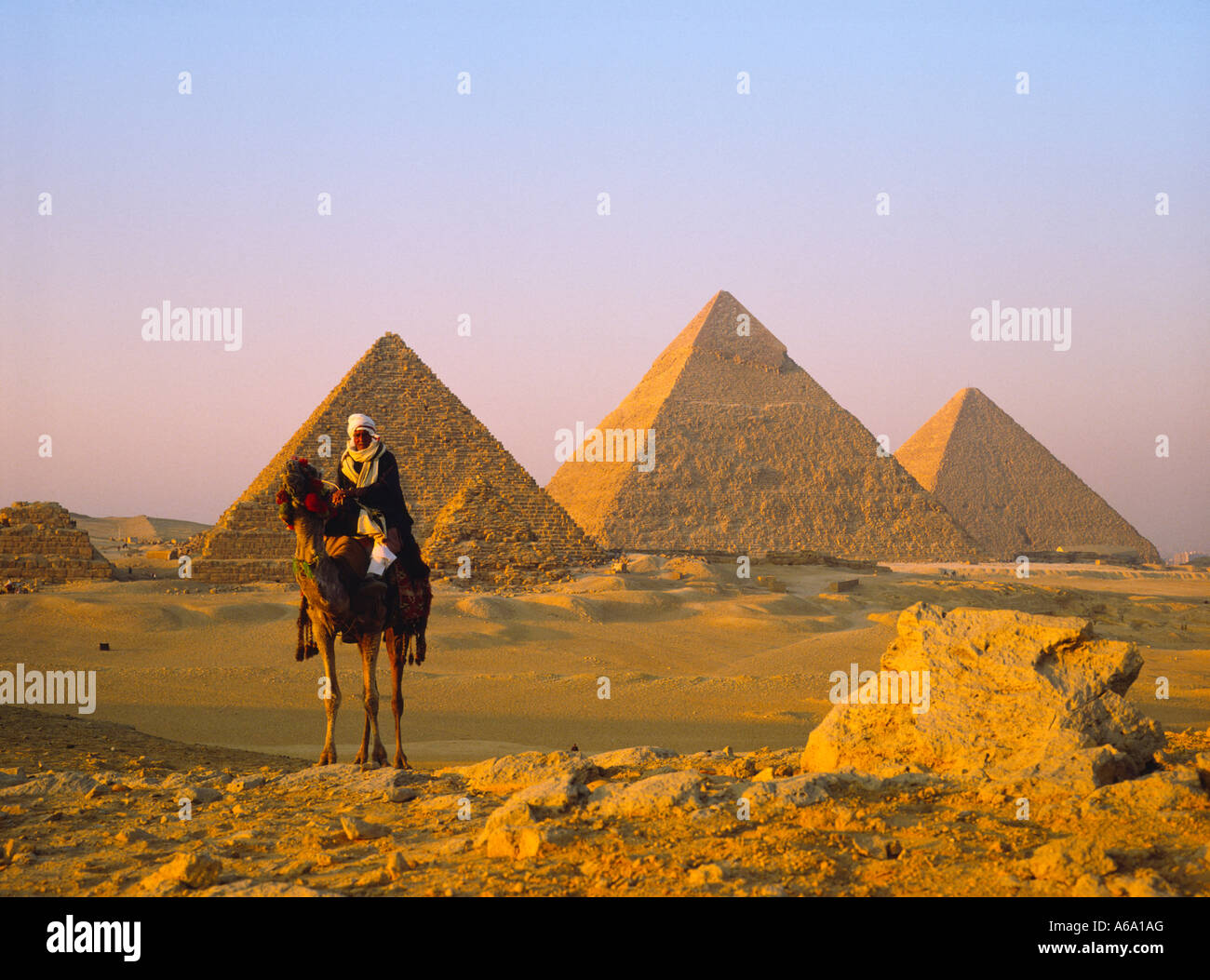 Giza, Egypt; View of the Pyramids with an Arab man on a camel in ...