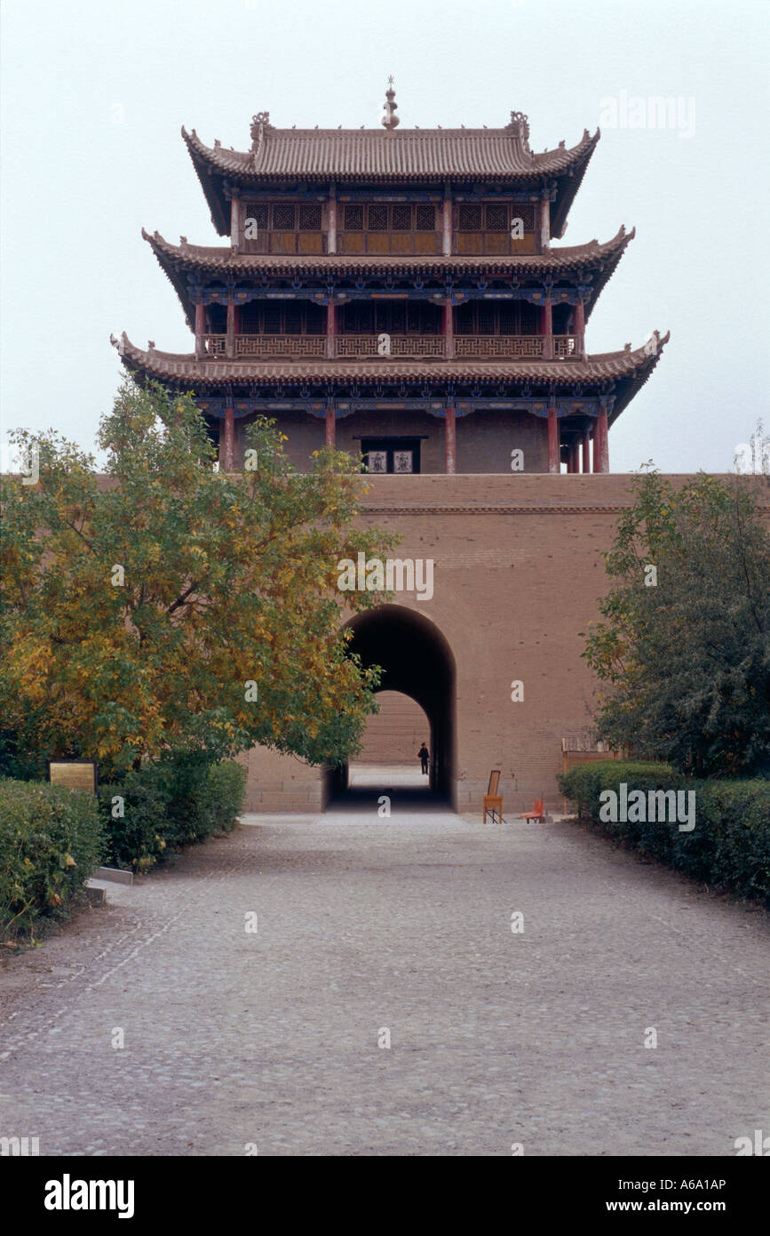 China, Jiayuguan Fort, renovated early 16th-century gate tower rising ...