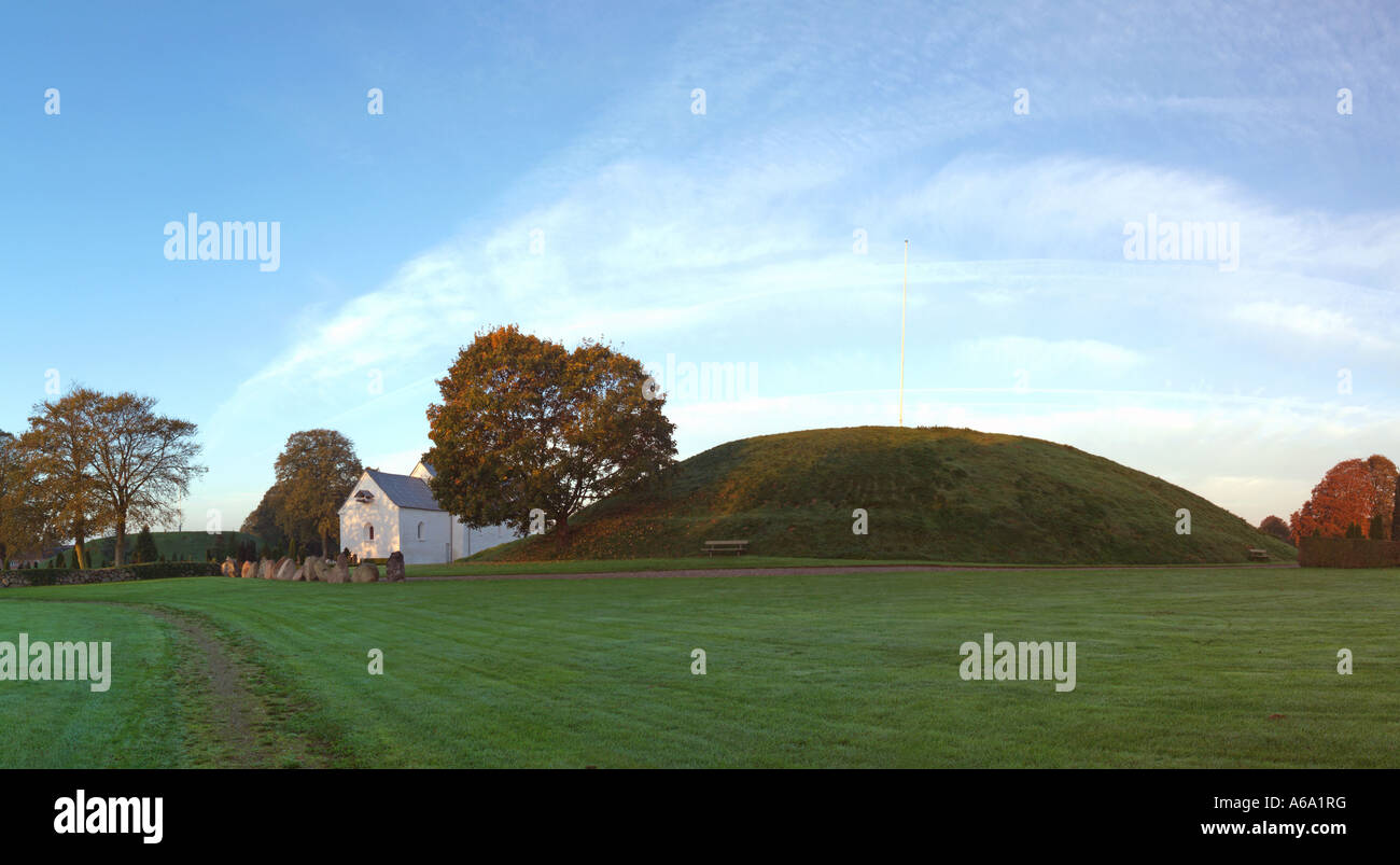 Panorama image of Jelling, the mounds of the old viking king and queen ...