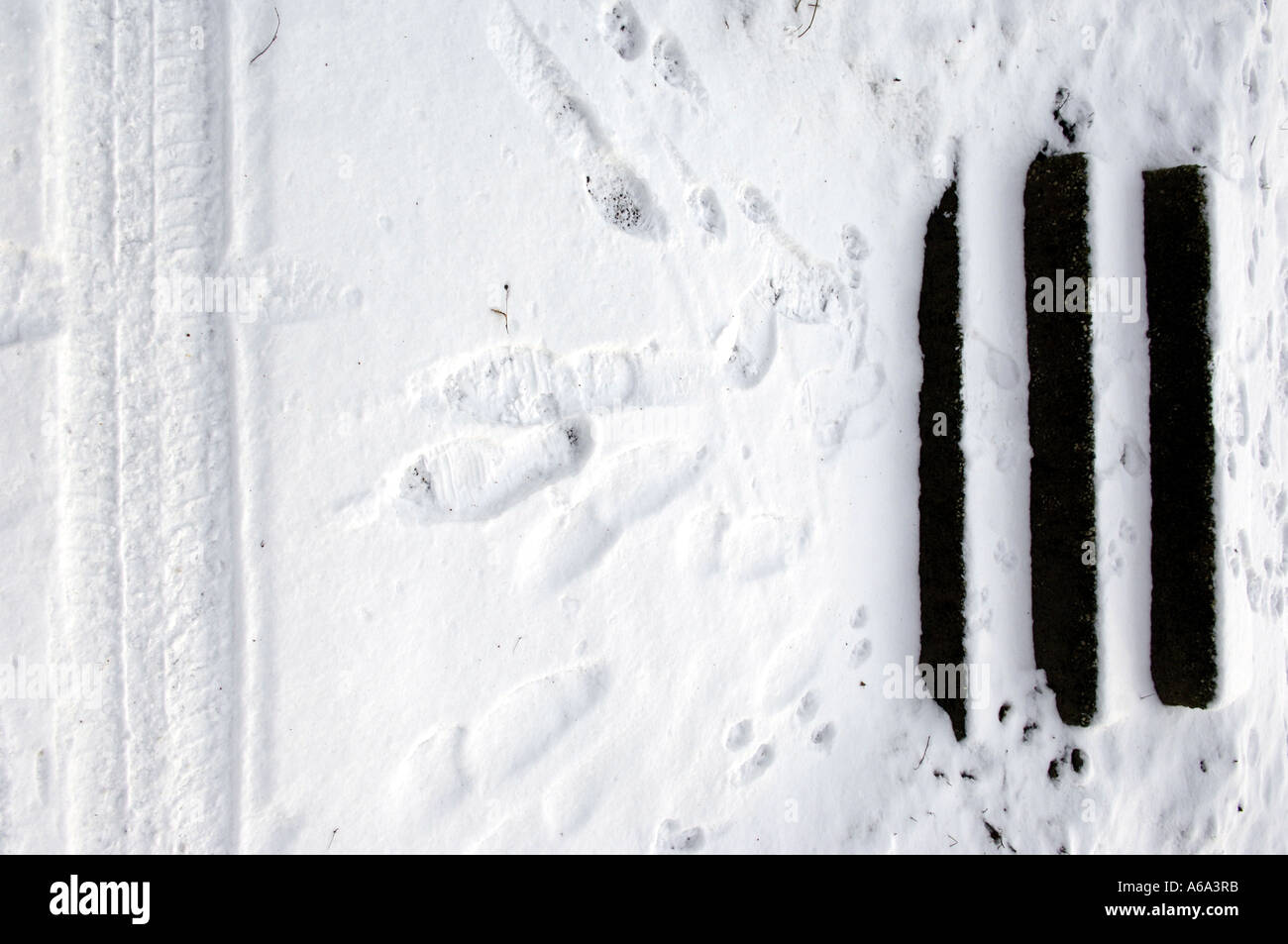 snow covered grid drain floor roadside road winter wintry ice cold ...