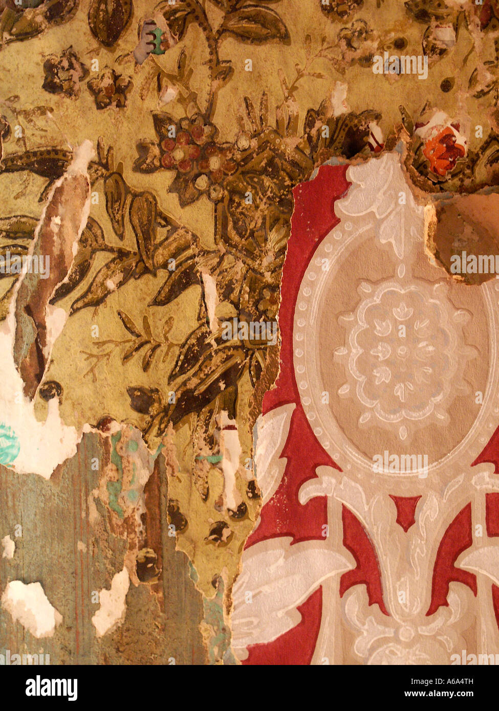 Layers of very old wallpaper; full description below Stock Photo - Alamy