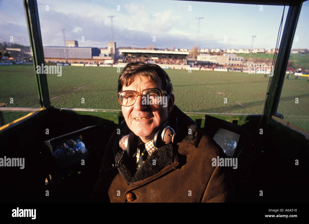 Rugby commentator Bill McLaren in commentary position in a borders ...