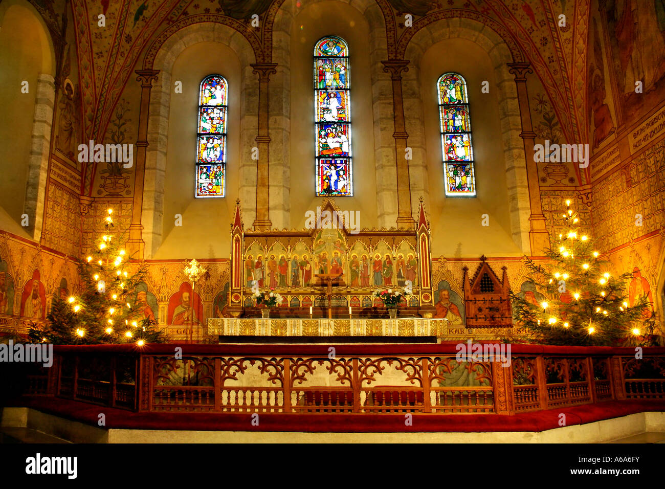 Altar and chandelier in medieval Dalhem Church Gotland, Sweden Stock ...