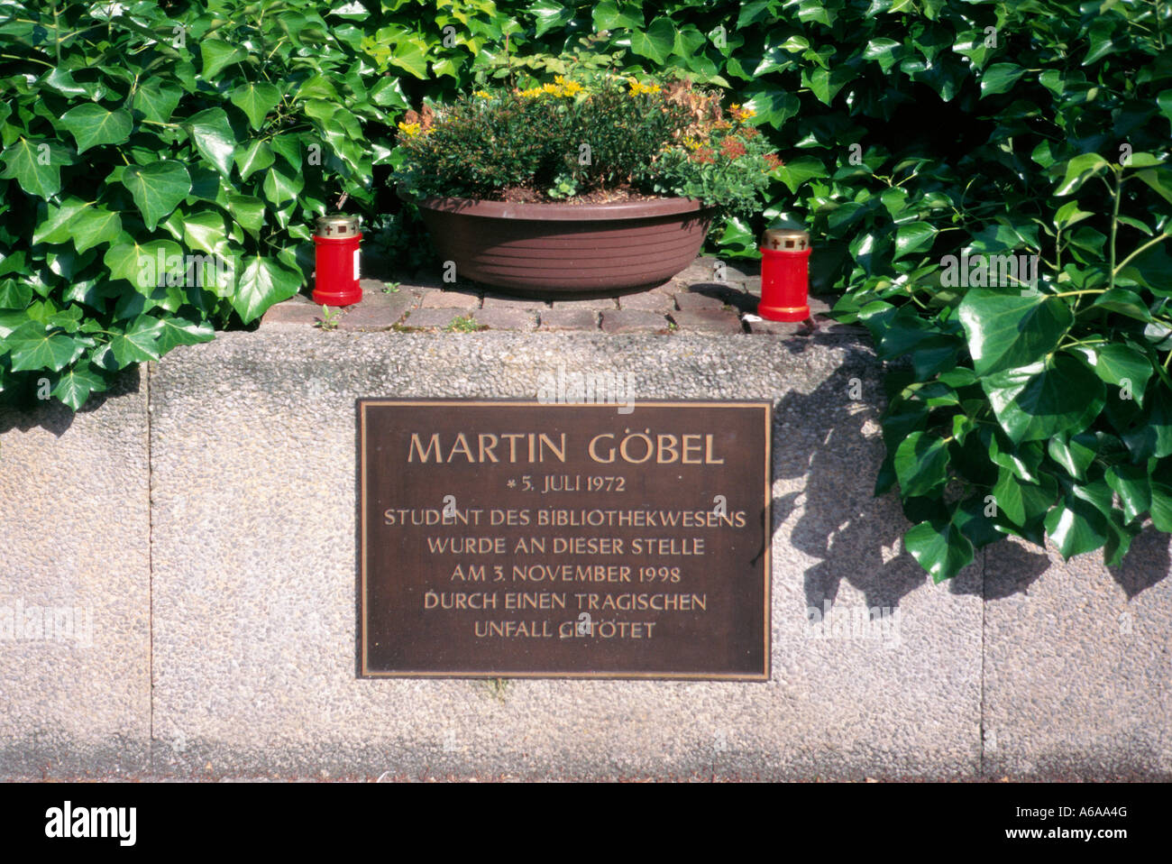 A commemorative plaque for the student Martin Göbel who was killed ...
